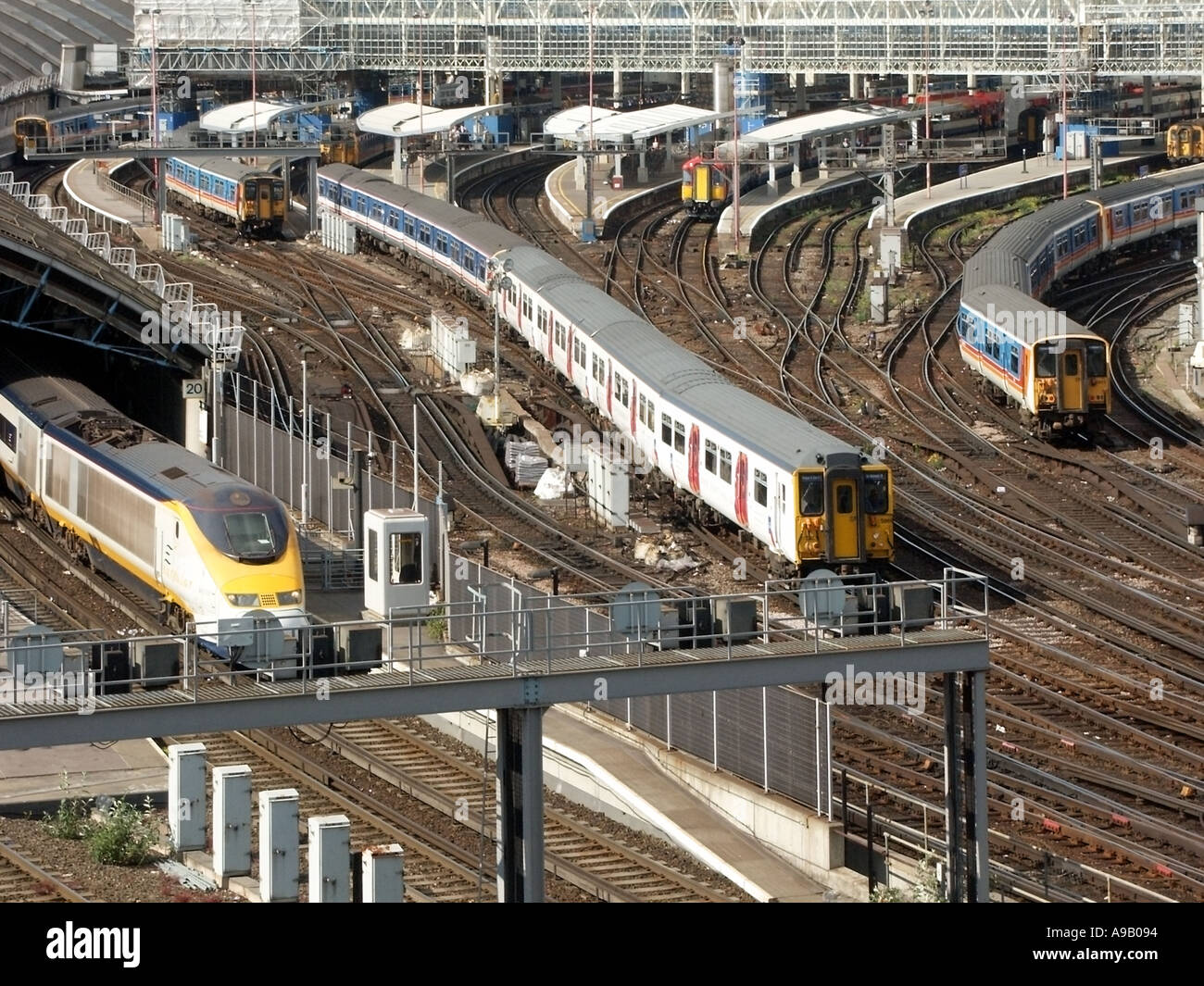 Waterloo train station platforms view from above of passenger trains ...