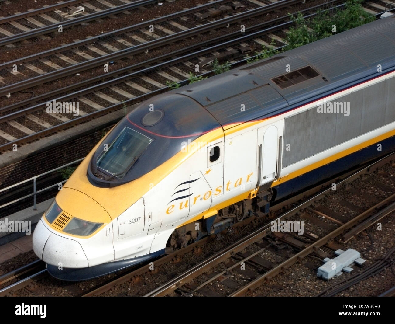 Aerial view close up of Eurostar motive power unit on train service ...