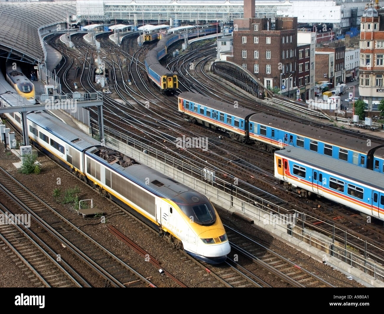 Waterloo train station platforms view from above of passenger trains ...