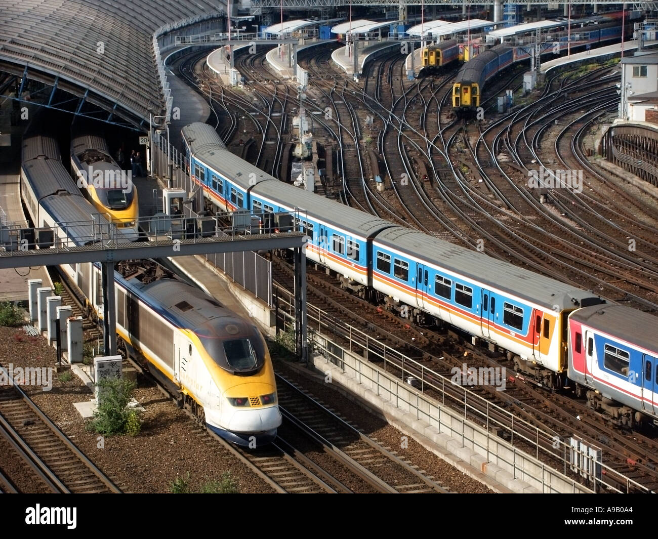 Waterloo train station platforms view from above of passenger trains ...