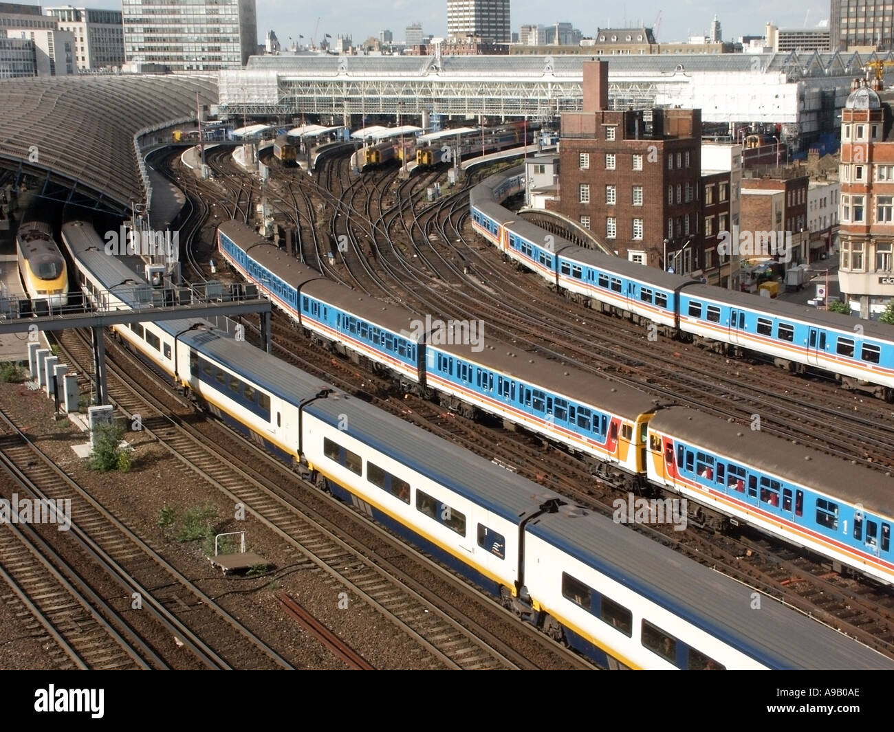 Waterloo train station platforms view from above of passenger trains ...