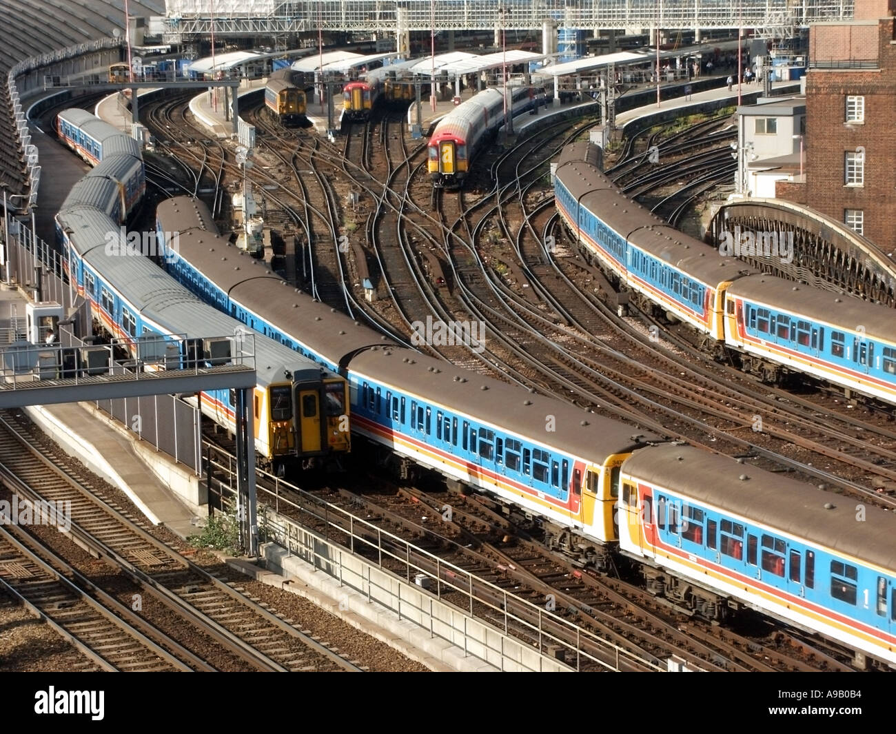 Waterloo train station platforms with view from above of passenger ...