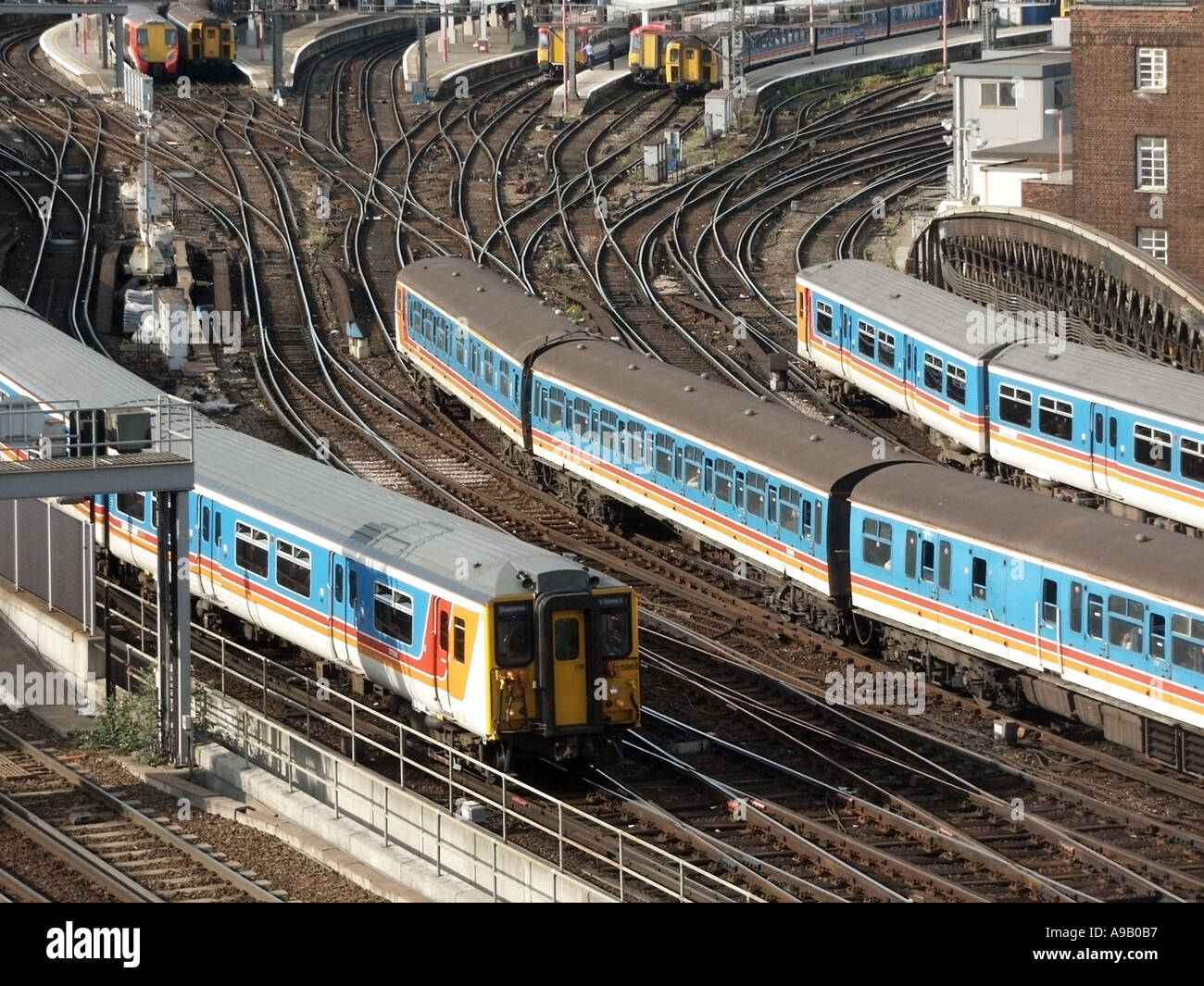 Waterloo train station platforms with view from above of passenger ...