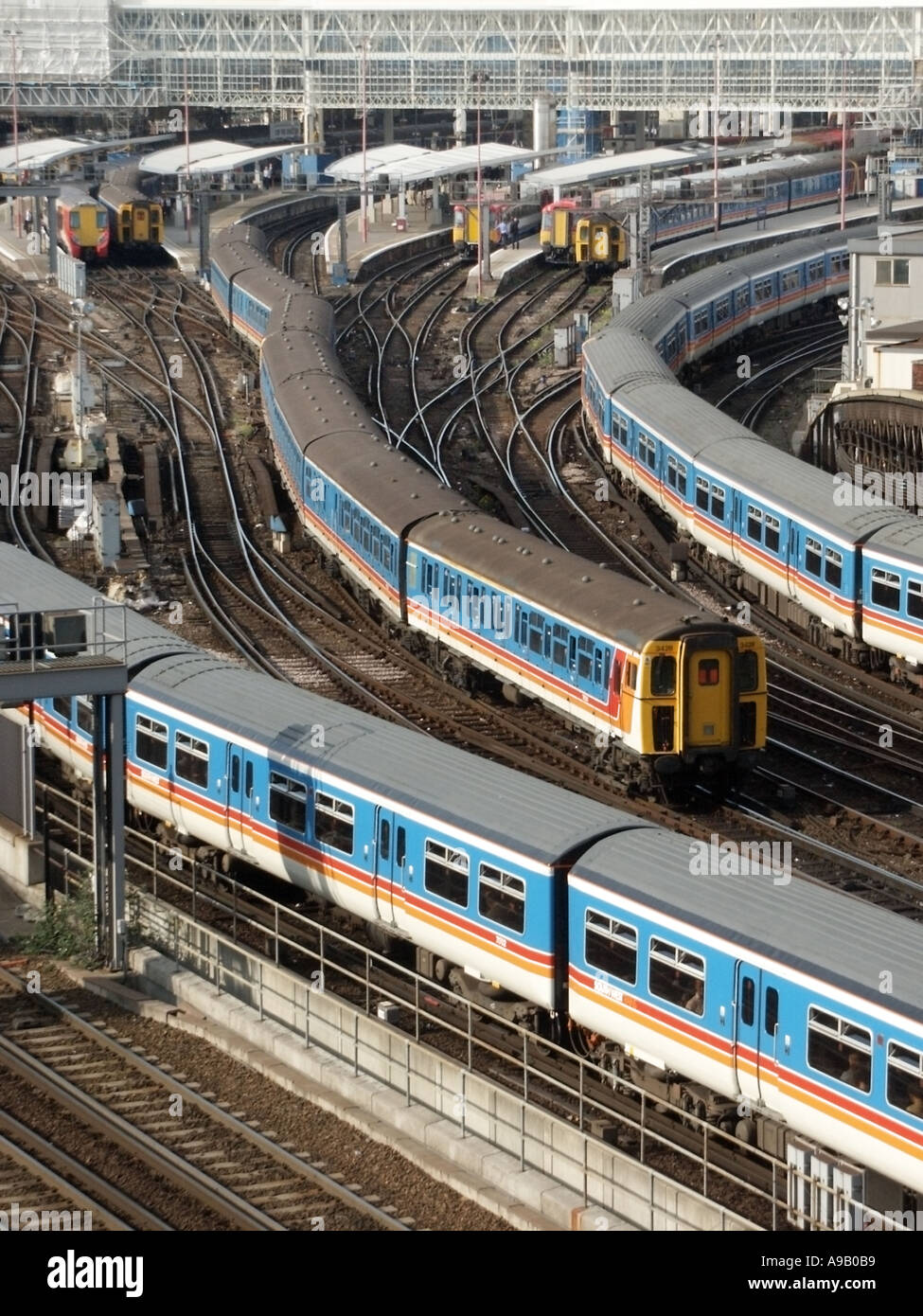 Waterloo train station platforms with view from above of passenger ...