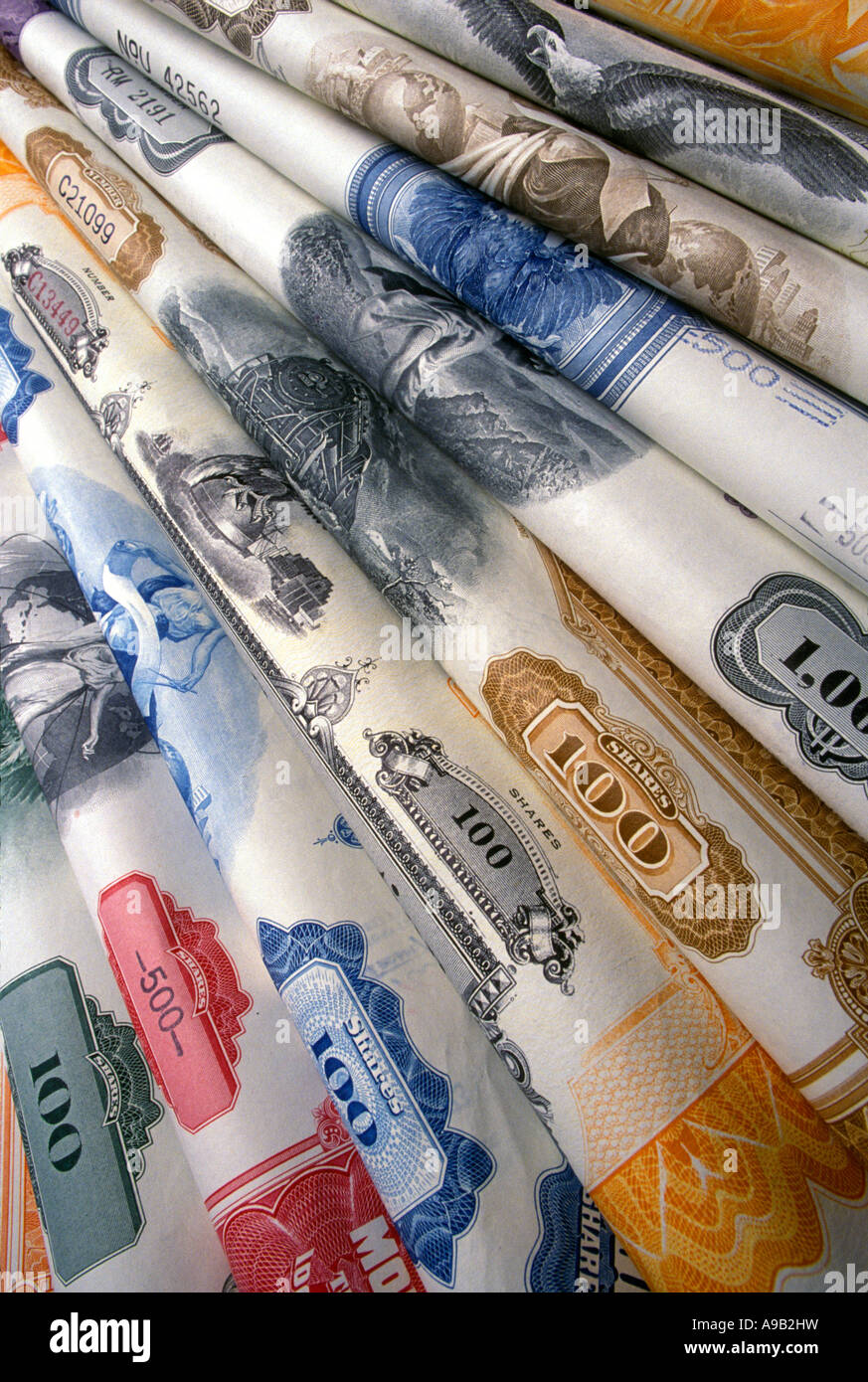 PILE OF PAPER BONDS AND STOCK CERTIFICATES OF UNITED STATES OF AMERICA ...