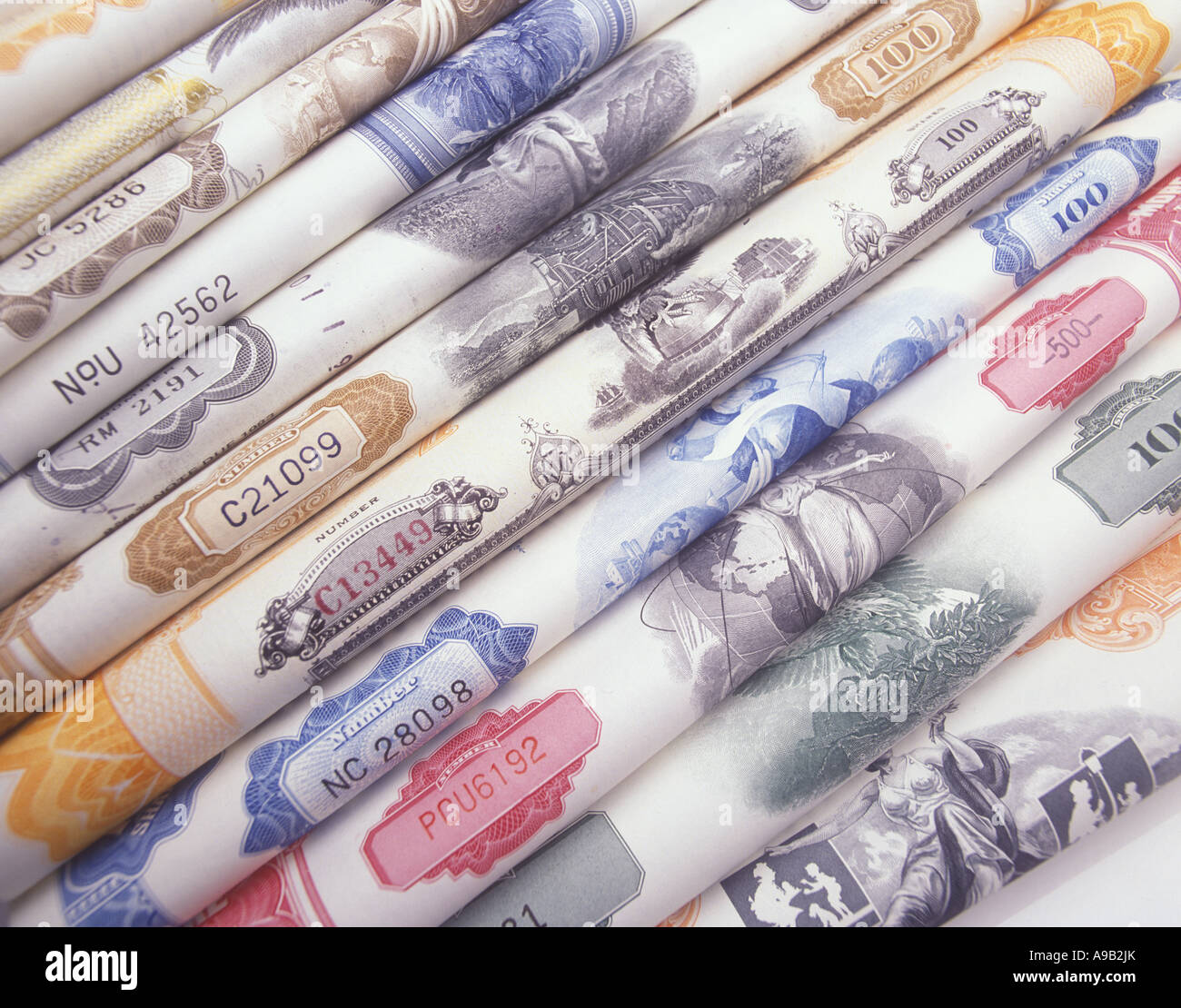 PILE OF PAPER BONDS AND STOCK CERTIFICATES OF UNITED STATES OF AMERICA ...