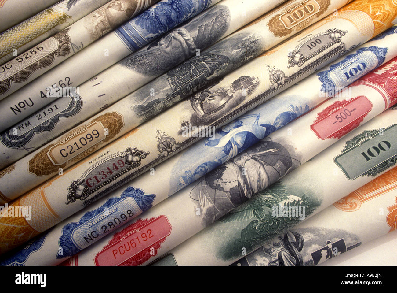 PILE OF PAPER BONDS AND STOCK CERTIFICATES OF UNITED STATES OF AMERICA ...