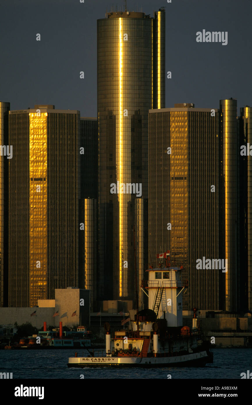 TUG BOAT RENAISSANCE CENTER TOWERS DETROIT RIVER BARGE DETROIT MICHIGAN ...