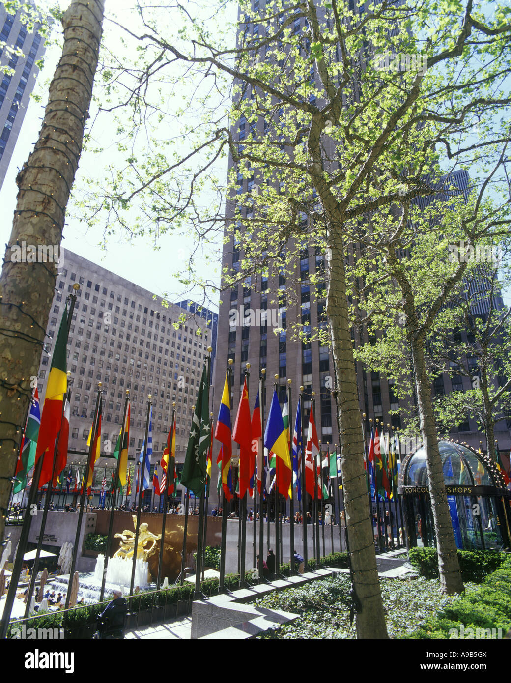 ROWS OF NATIONAL FLAGS ROCKEFELLER CENTER (©RAYMOND HOOD 1939) MIDTOWN MANHATTAN NEW YORK CITY ...