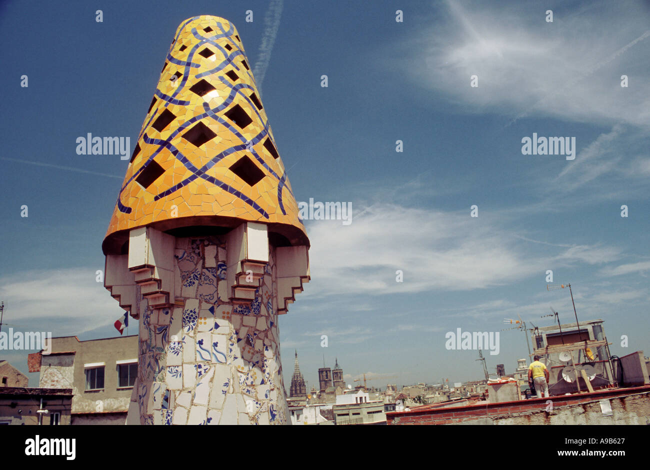 Coloured chimney Palau Guell Barcelona Stock Photo - Alamy