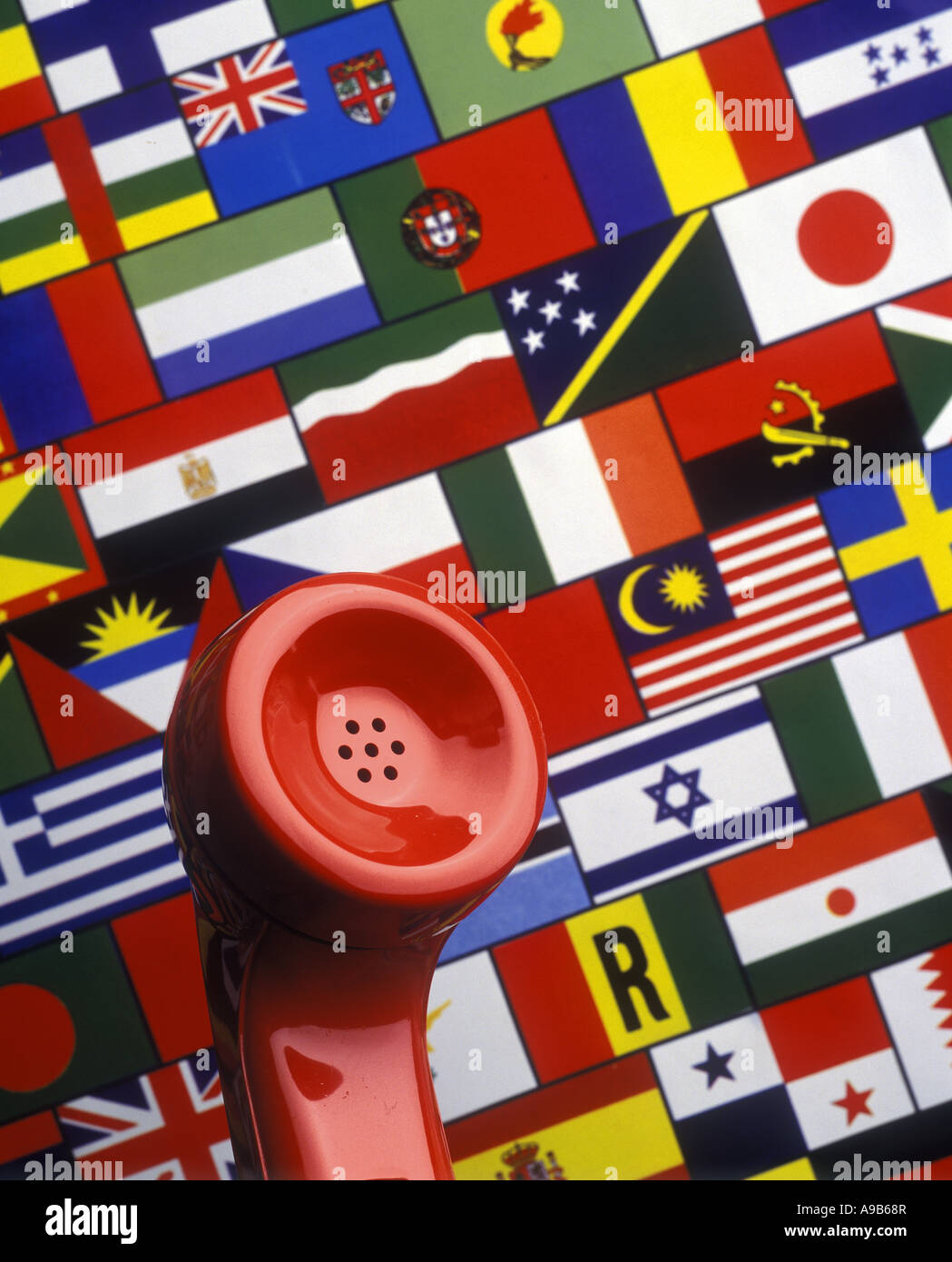 RED TELEPHONE HANDSET AND NATIONAL FLAGS Stock Photo - Alamy