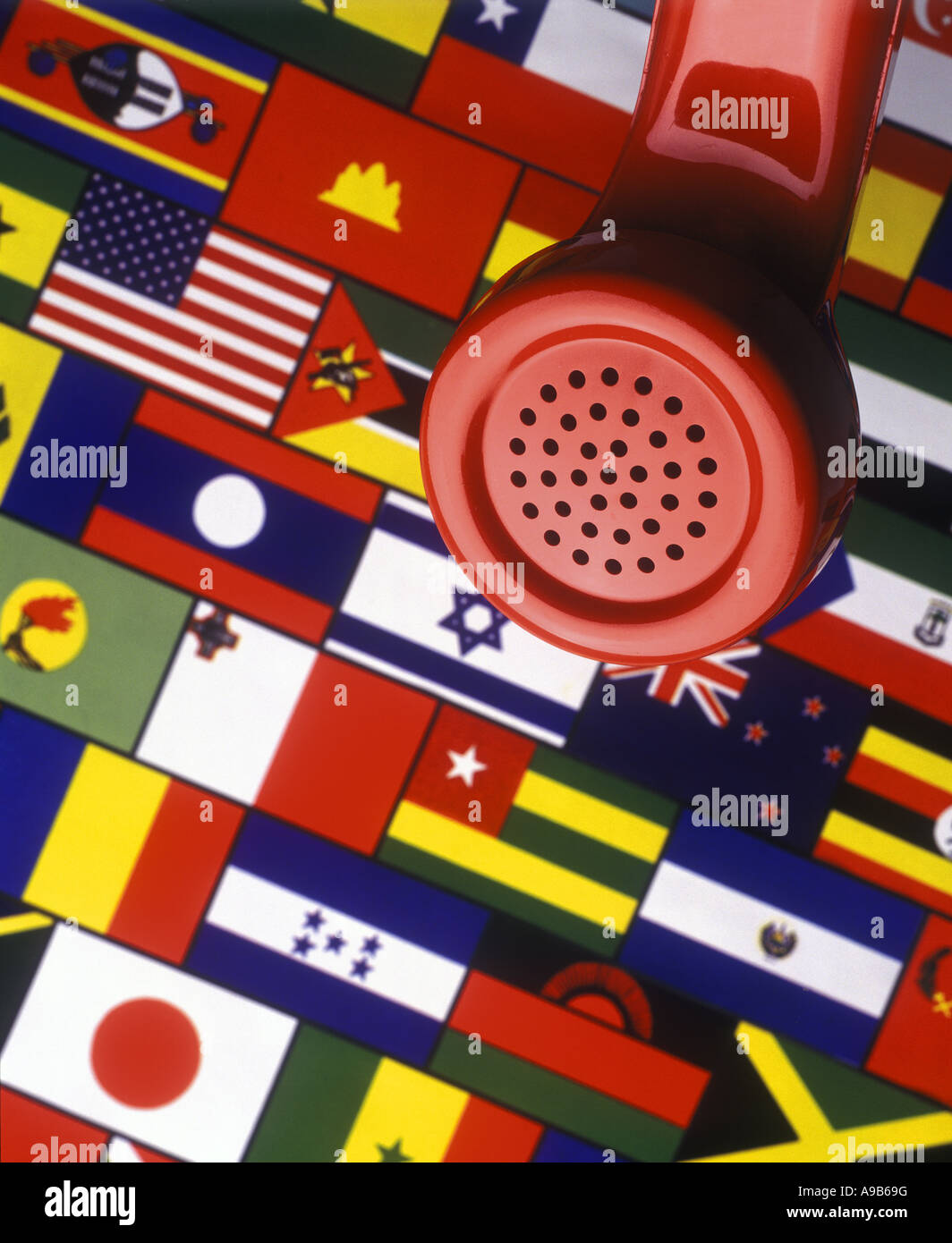 RED TELEPHONE HANDSET AND NATIONAL FLAGS Stock Photo - Alamy