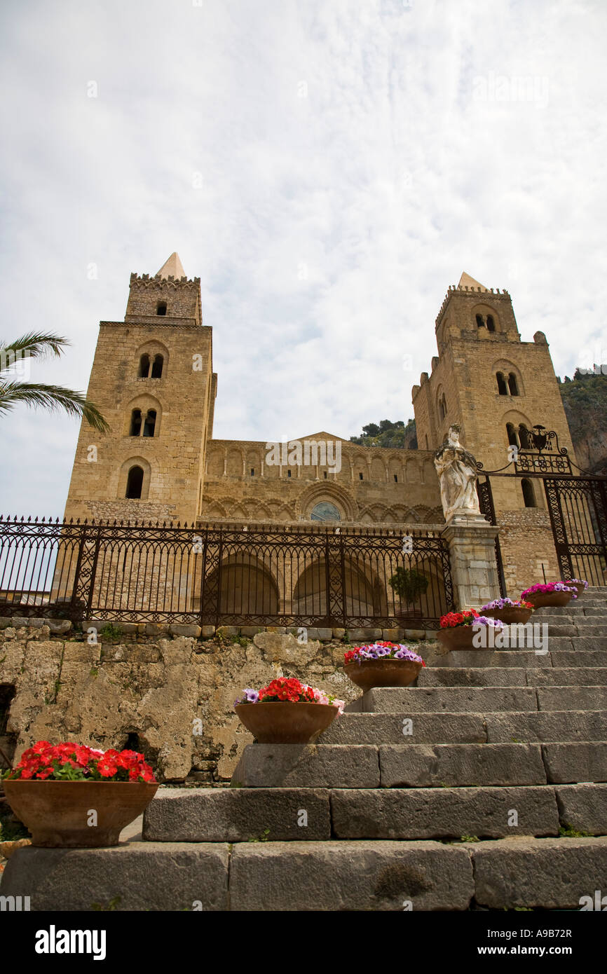 Flower pots on steps of Norman Cathedral Piazza Duomo Cefalu Sicily ...