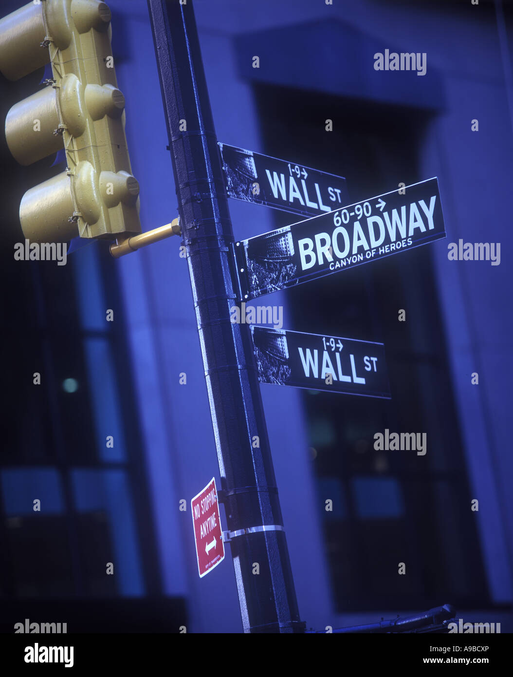 WALL STREET SIGNS BROADWAY FINANCIAL DISTRICT MANHATTAN NEW YORK CITY ...