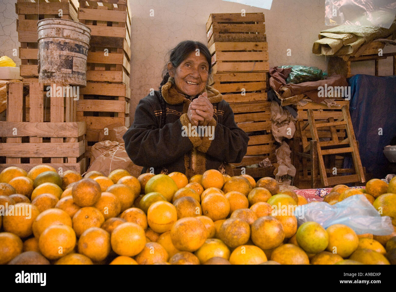 indigenous woman sell orange and smile in the market of San Cristobal ...