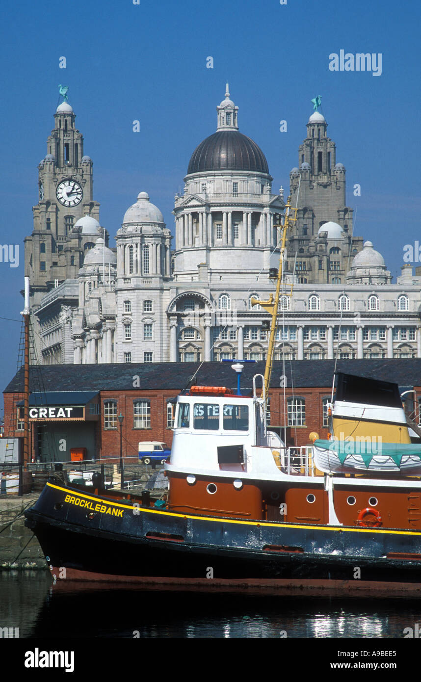 Preserved docks and vessels with Port of Liverpool and Liver Buildings ...