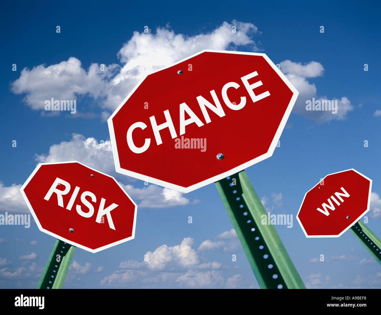 Risk Chance Win Road signs Financial Concept Stock Photo - Alamy