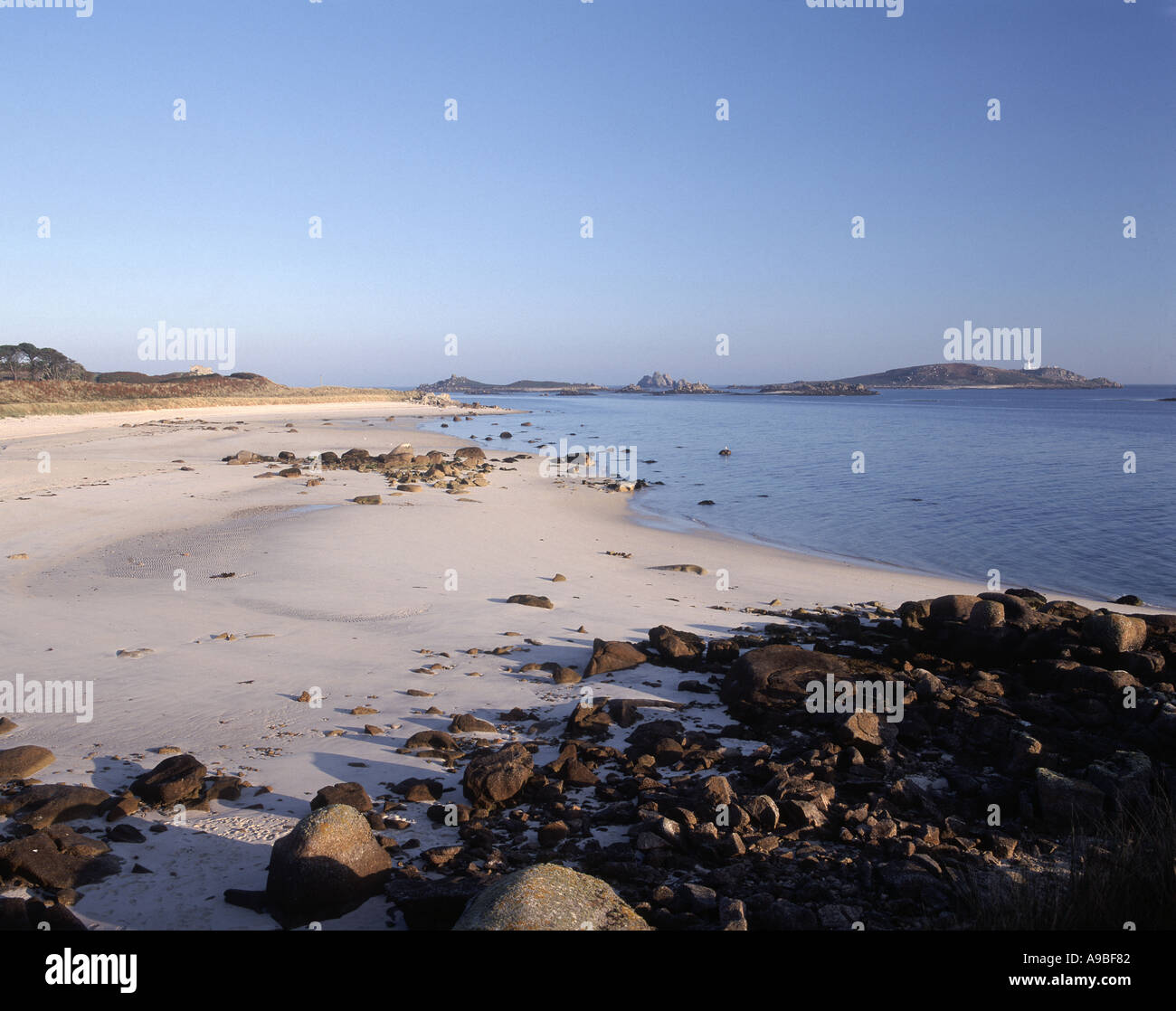 The beach at Pentle Bay in evening sunlight Tresco Isles of Scilly ...