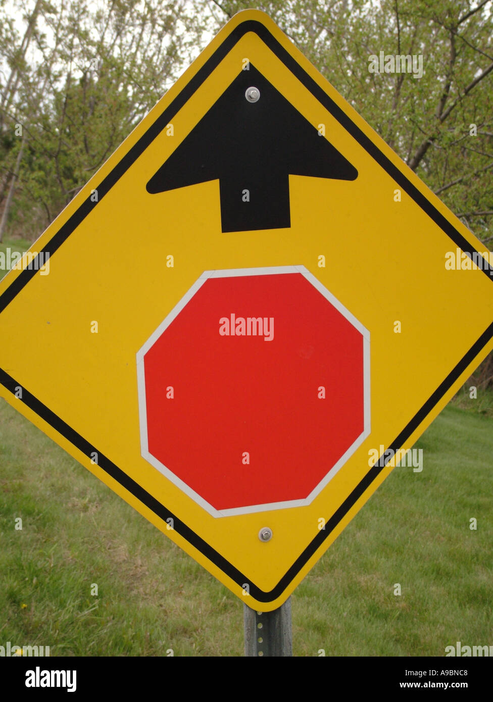 Stop sign ahead usa yellow warning hi-res stock photography and images ...