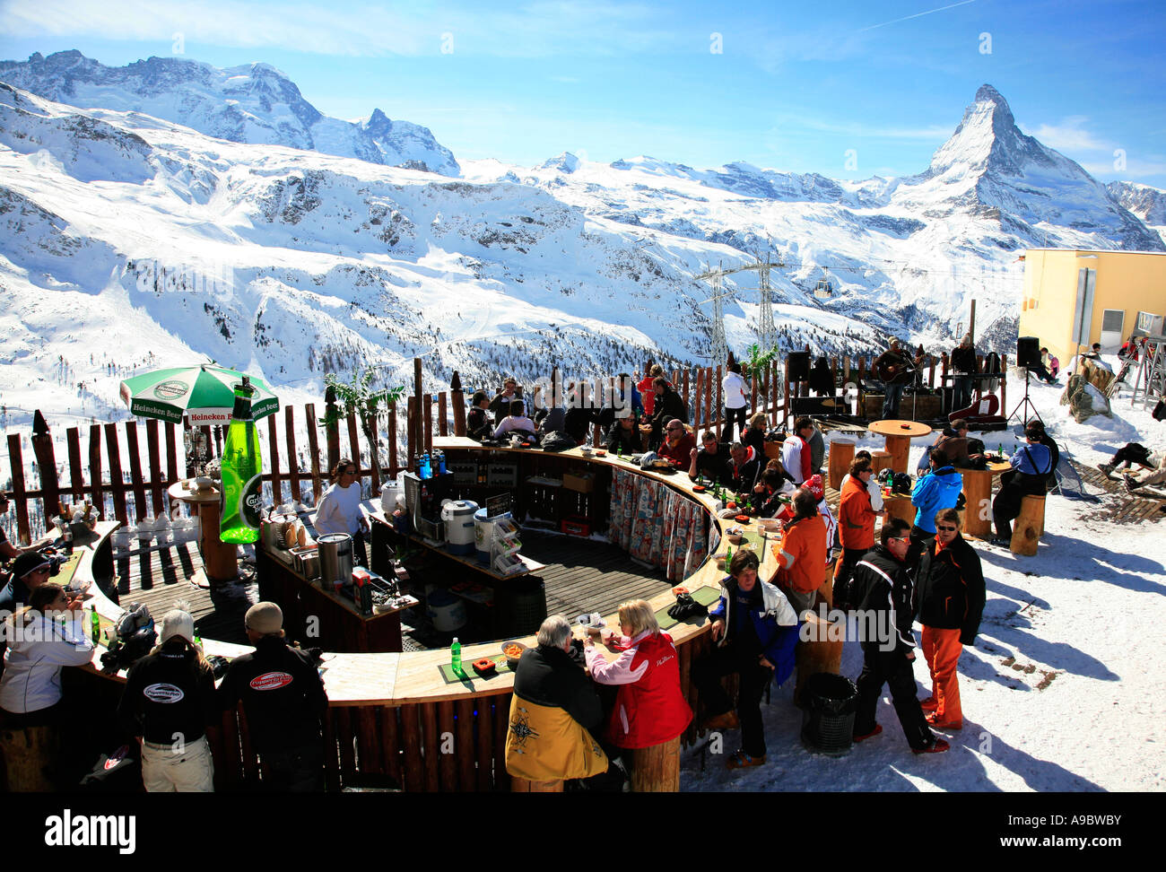 Cafe bar on Blauherd, with Matterhorn in background Zermatt Switzerland ...