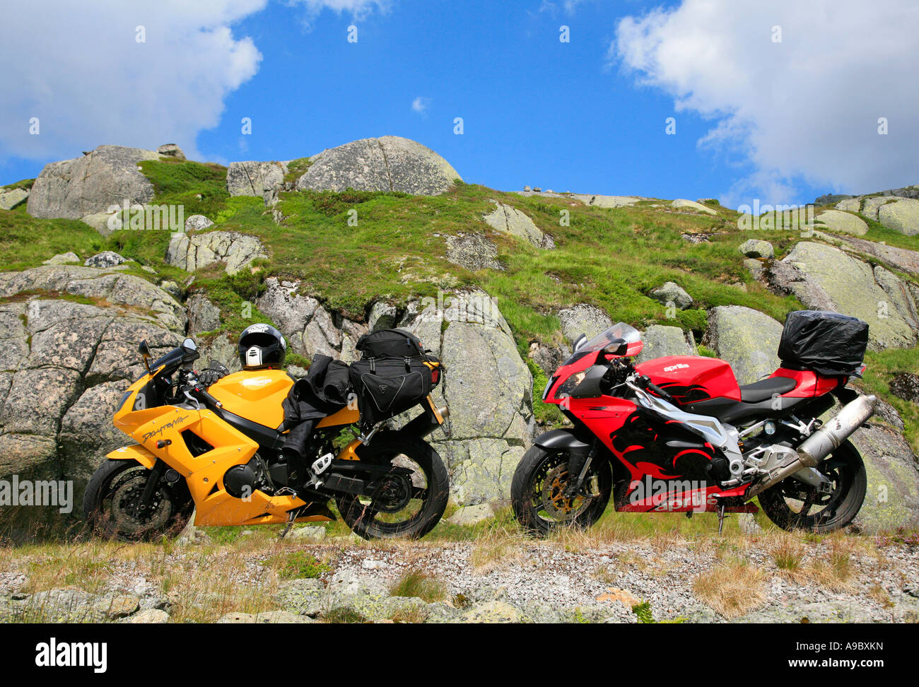 Yellow Triumph Daytona 600 and Red Aprilia RSV 1000 R motorcycles Stock ...