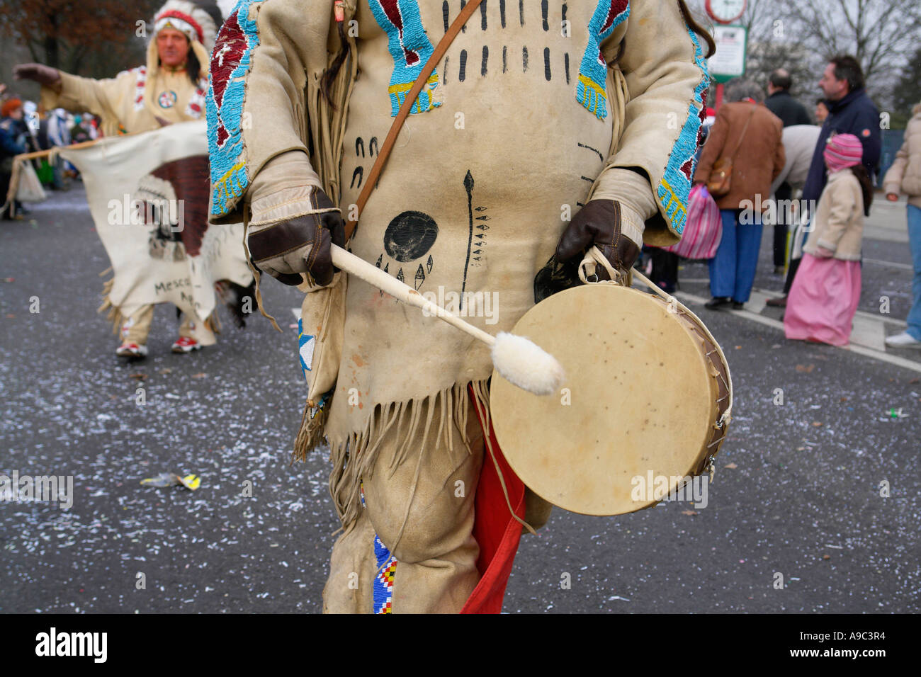 Red Indian music group Carneval parade in Baden Württemberg Germany ...