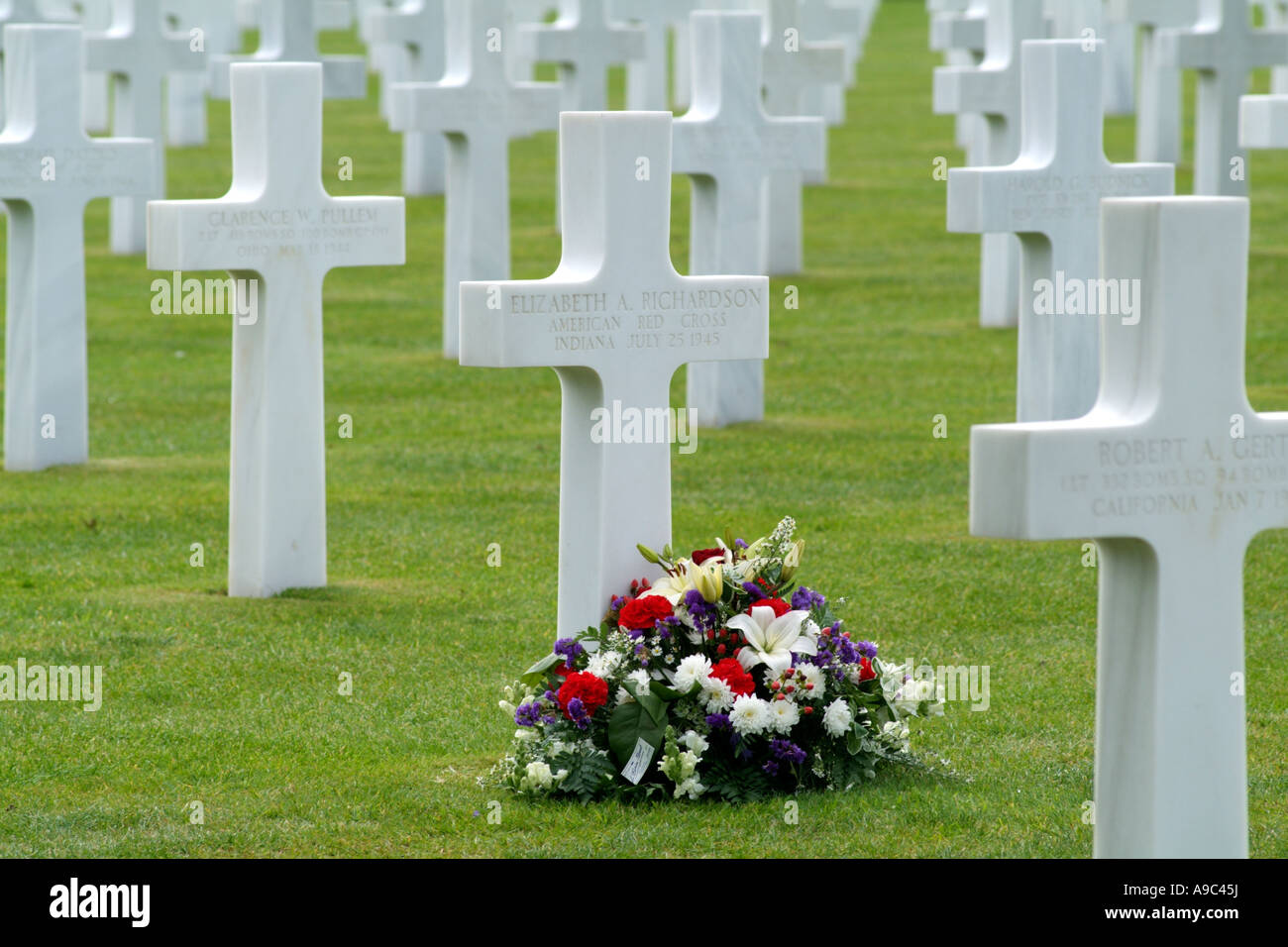 American Military Cemetery Normandy France A bouquet of flowers on the ...