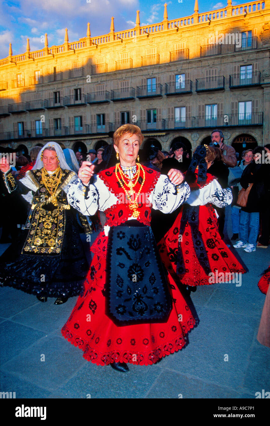 Traditional costume dancing lady in Plaza Mayor Salamanca Castile Leon ...