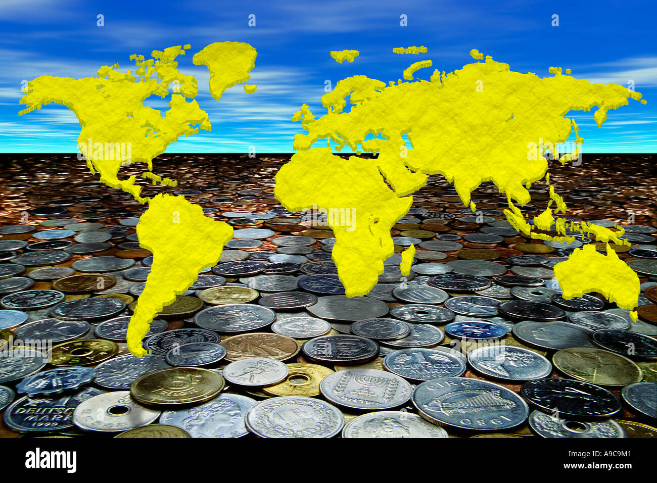 International Coins And World Map Stock Photo - Alamy