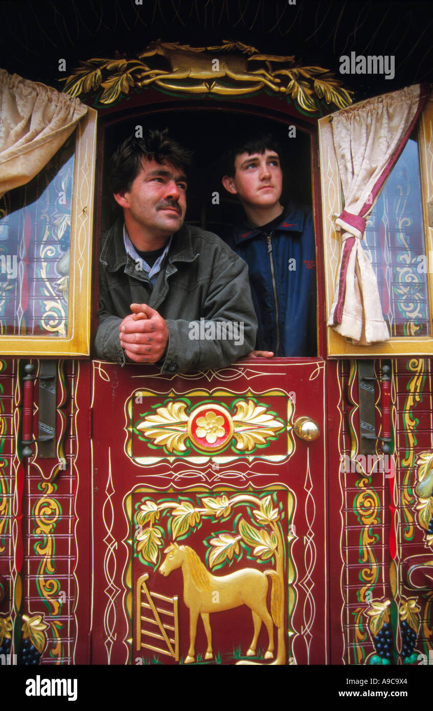 Father and son in caravan Appleby gypsy horse fair England Stock Photo ...