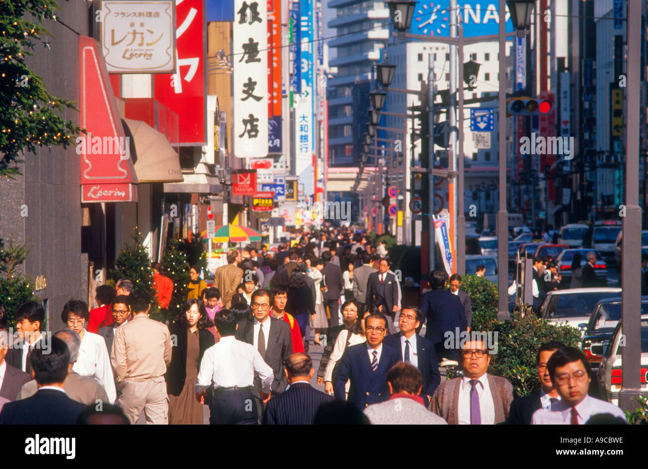 Asia Japan Tokyo Ginza busy street scene with lot of commercial signs ...