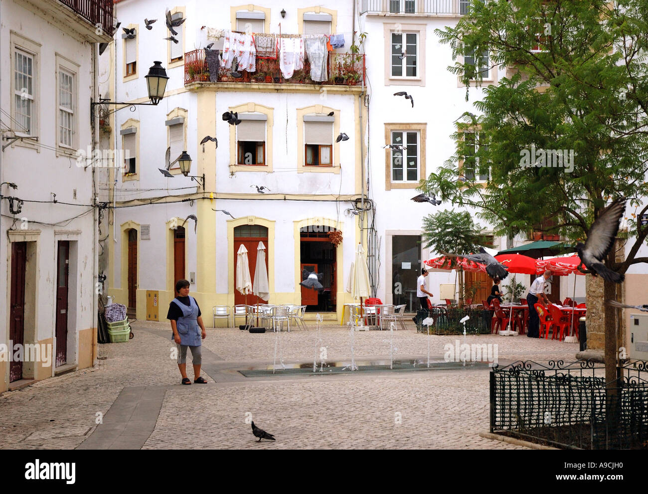 View of characteristic architecture little square white building shop ...