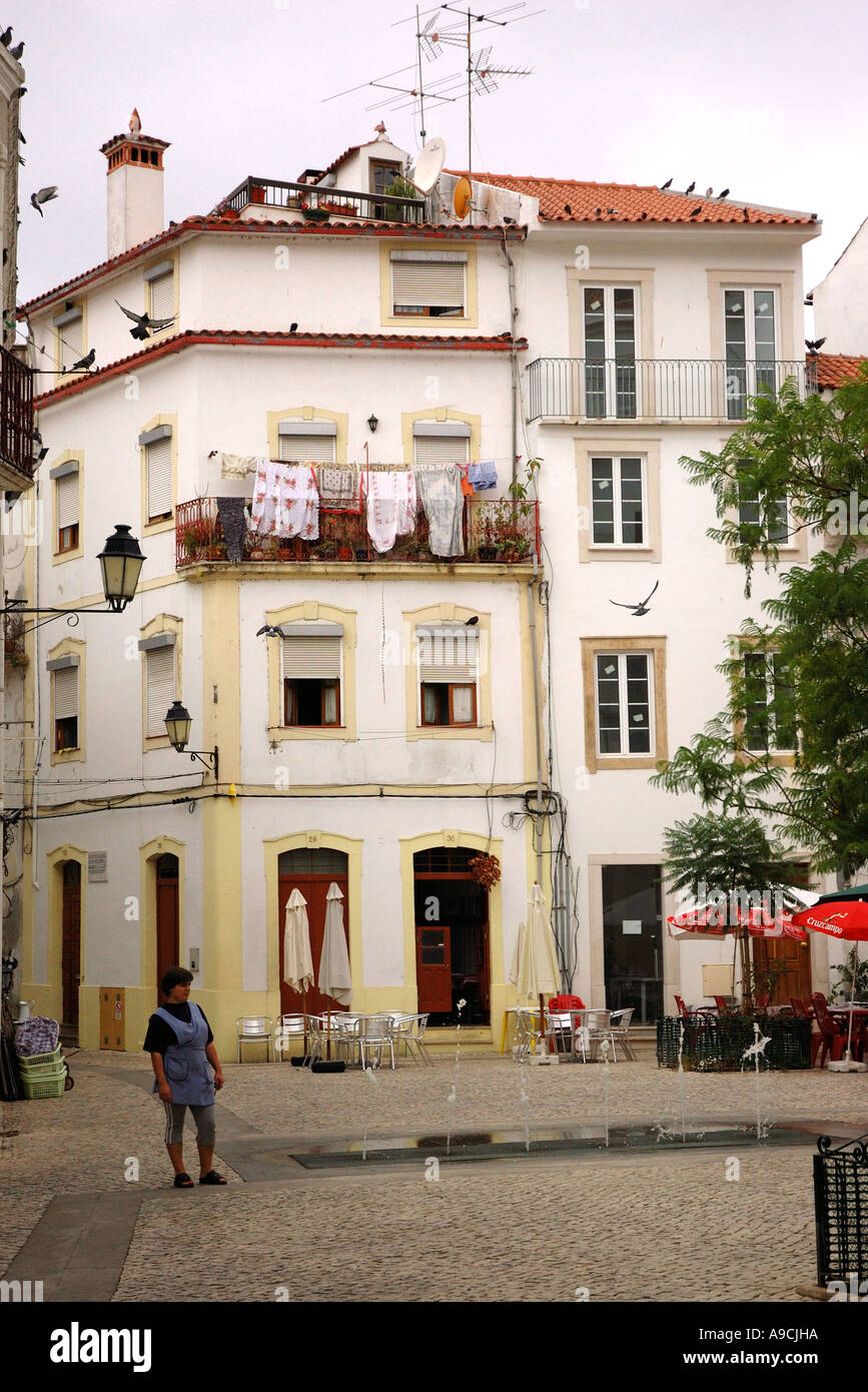 View of characteristic architecture little square white building shop ...