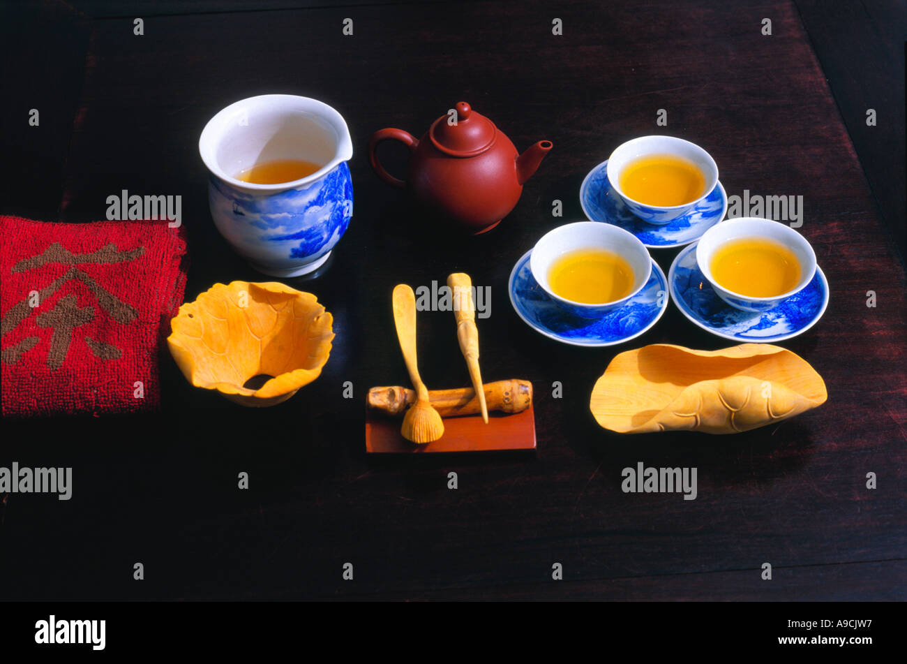 Chinese tea set with bamboo tools Stock Photo - Alamy