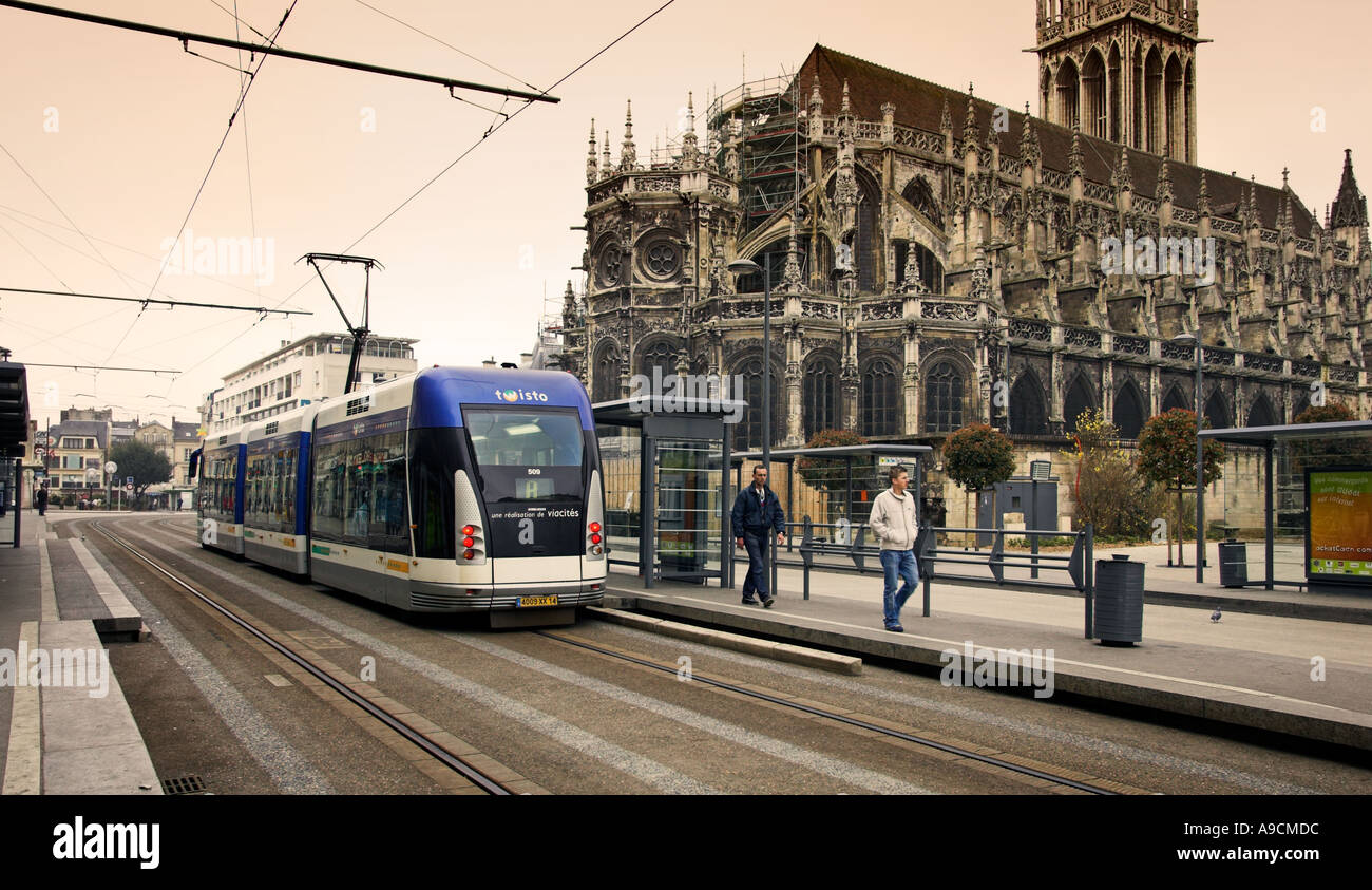 Tram in front of Caen Cathedral, Caen, Calvados, Normandy, France ...