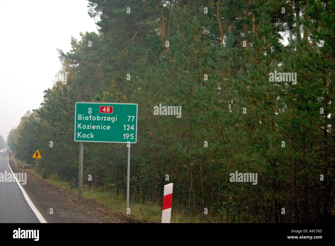Polish highway city distance sign. Highway 72 between Lodz and Rawa Maz ...