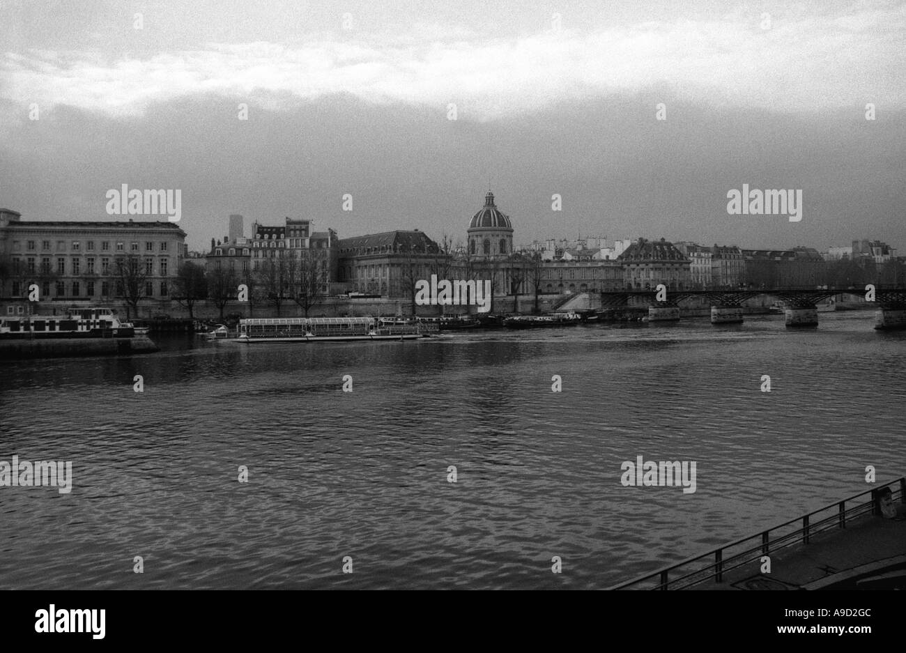 View of River Seine Banks Catholic Cathedral & modern iron bridge Paris ...
