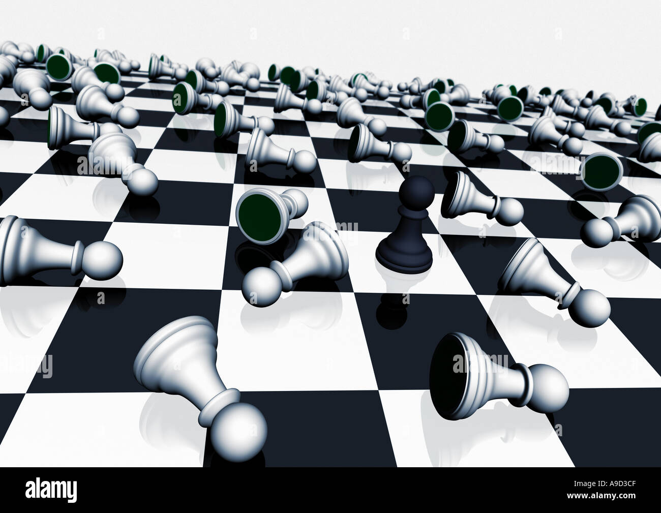 a black spawn standing on a chessboard with all the white spawns lying ...