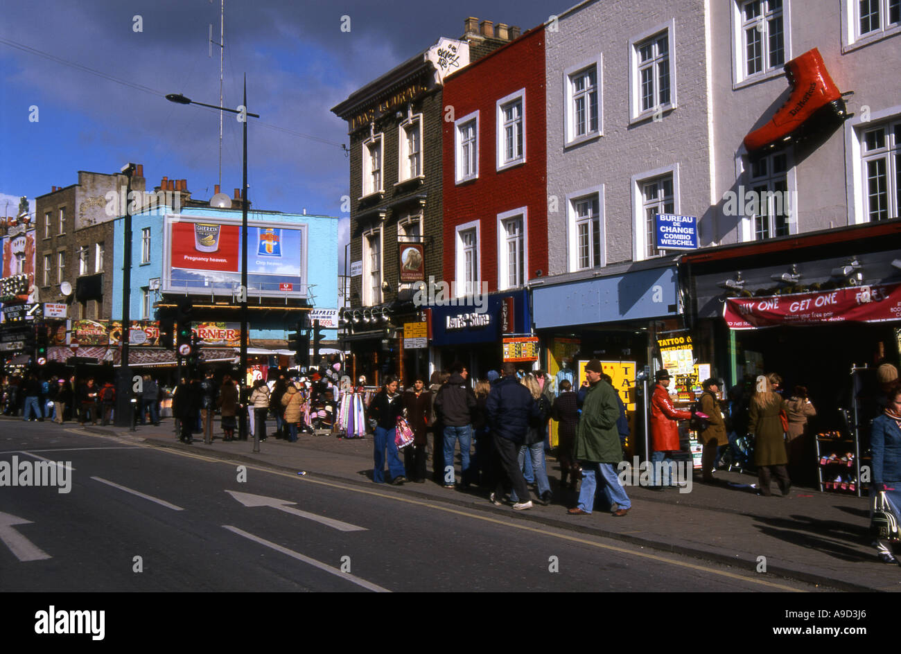 View of busy lively colourful street & shops in Camden Town London ...