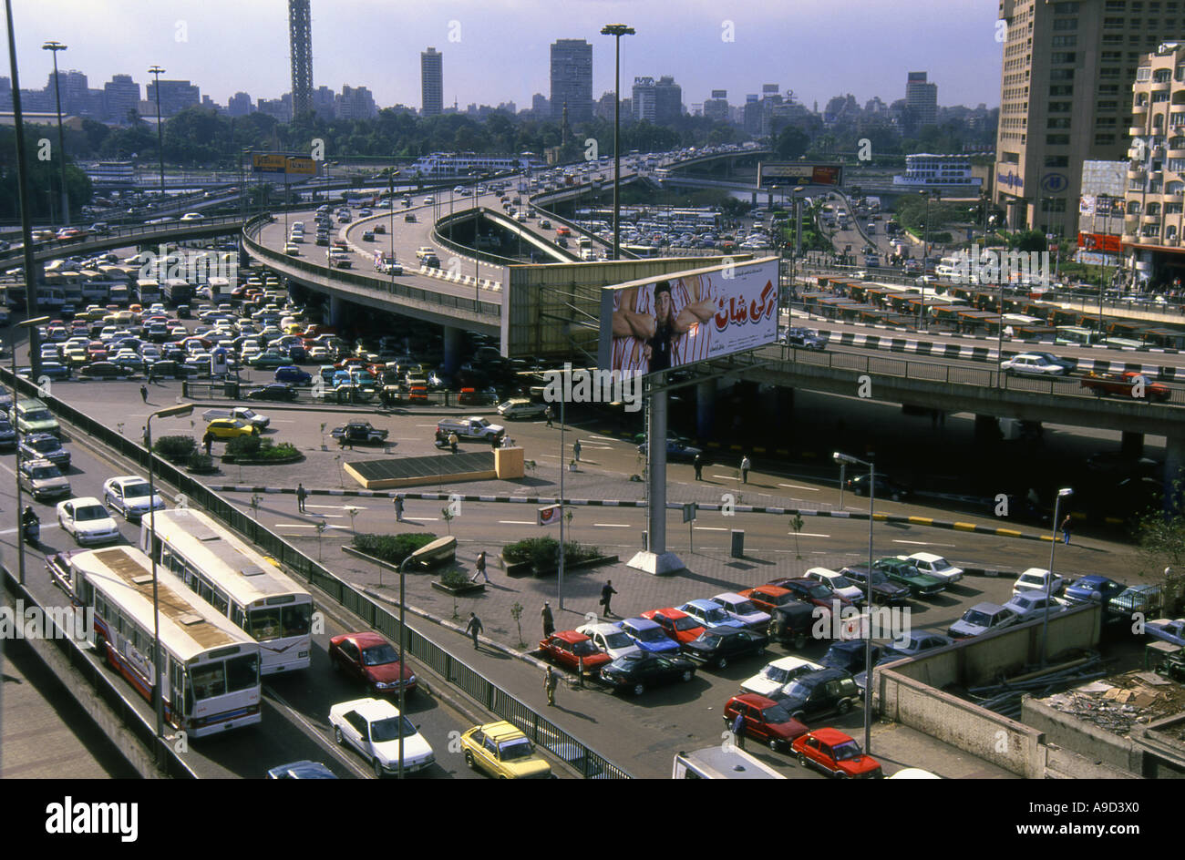 Panoramic View of road above busy city centre Cairo Arab Republic of ...