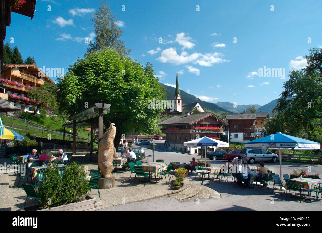 Restaurant Terrace looking towards the resort centre, Alpbach, Tirol ...