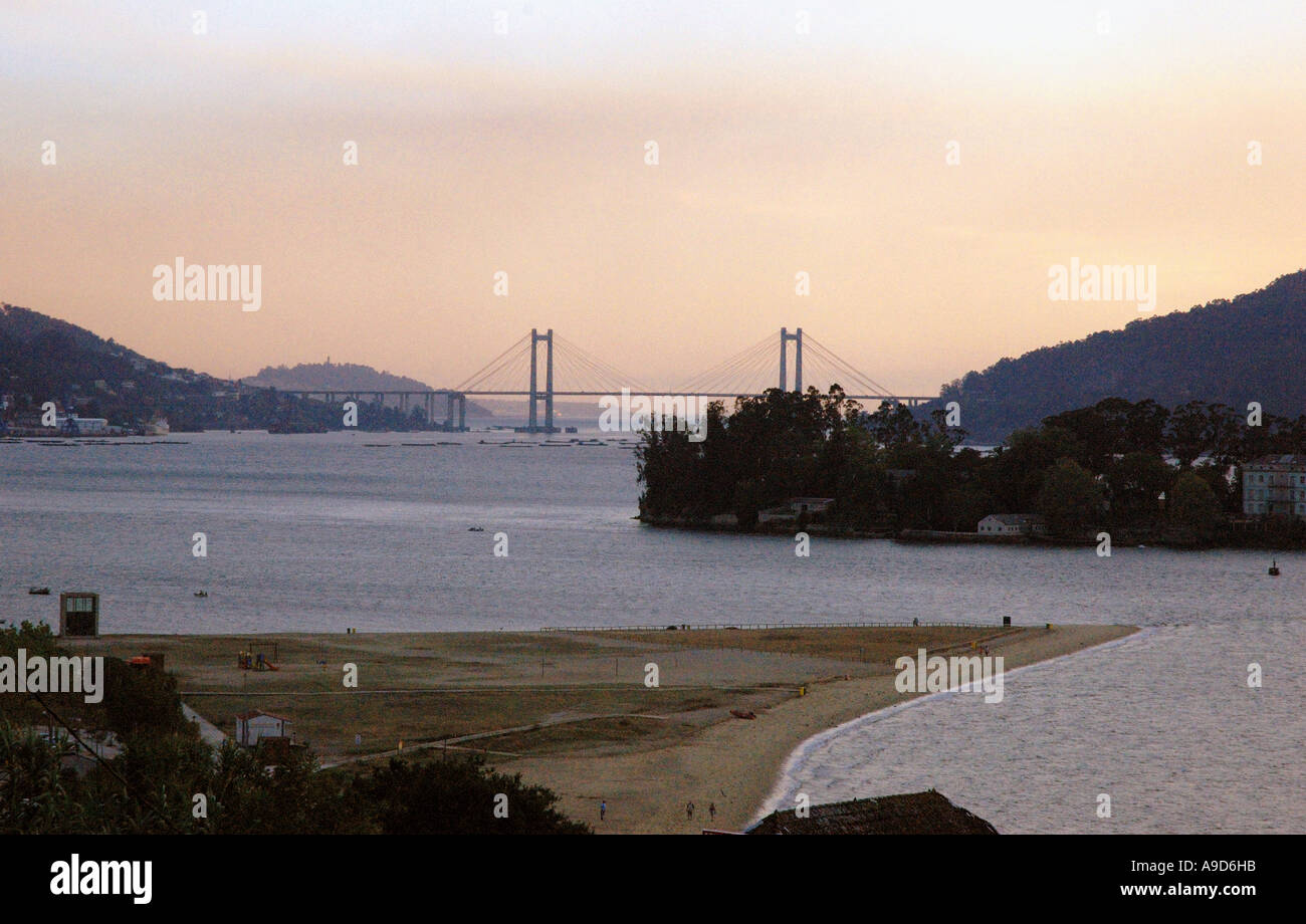 Distant view of the modern suspended bridge in the Ria de Vigo Chapela ...