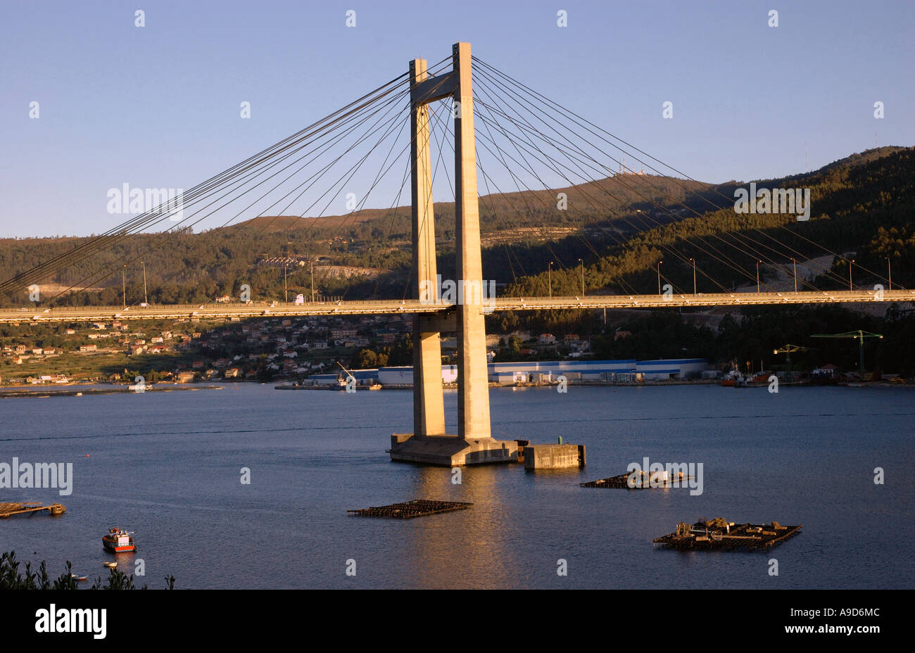 View of the modern suspended bridge in the Ria de Vigo Chapela Galicia ...