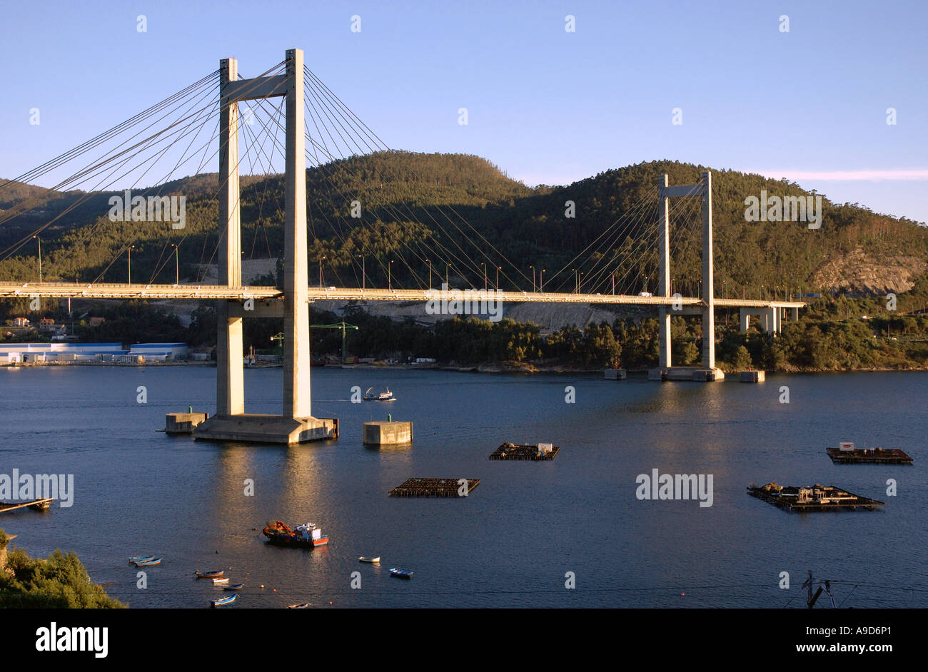 View of the modern suspended bridge in the Ria de Vigo Chapela Galicia ...