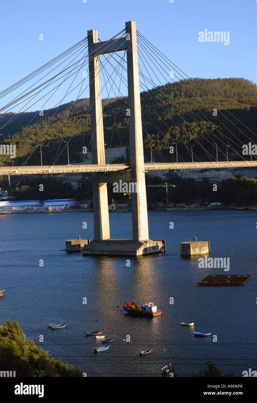 View of the modern suspended bridge in the Ria de Vigo Chapela Galicia ...
