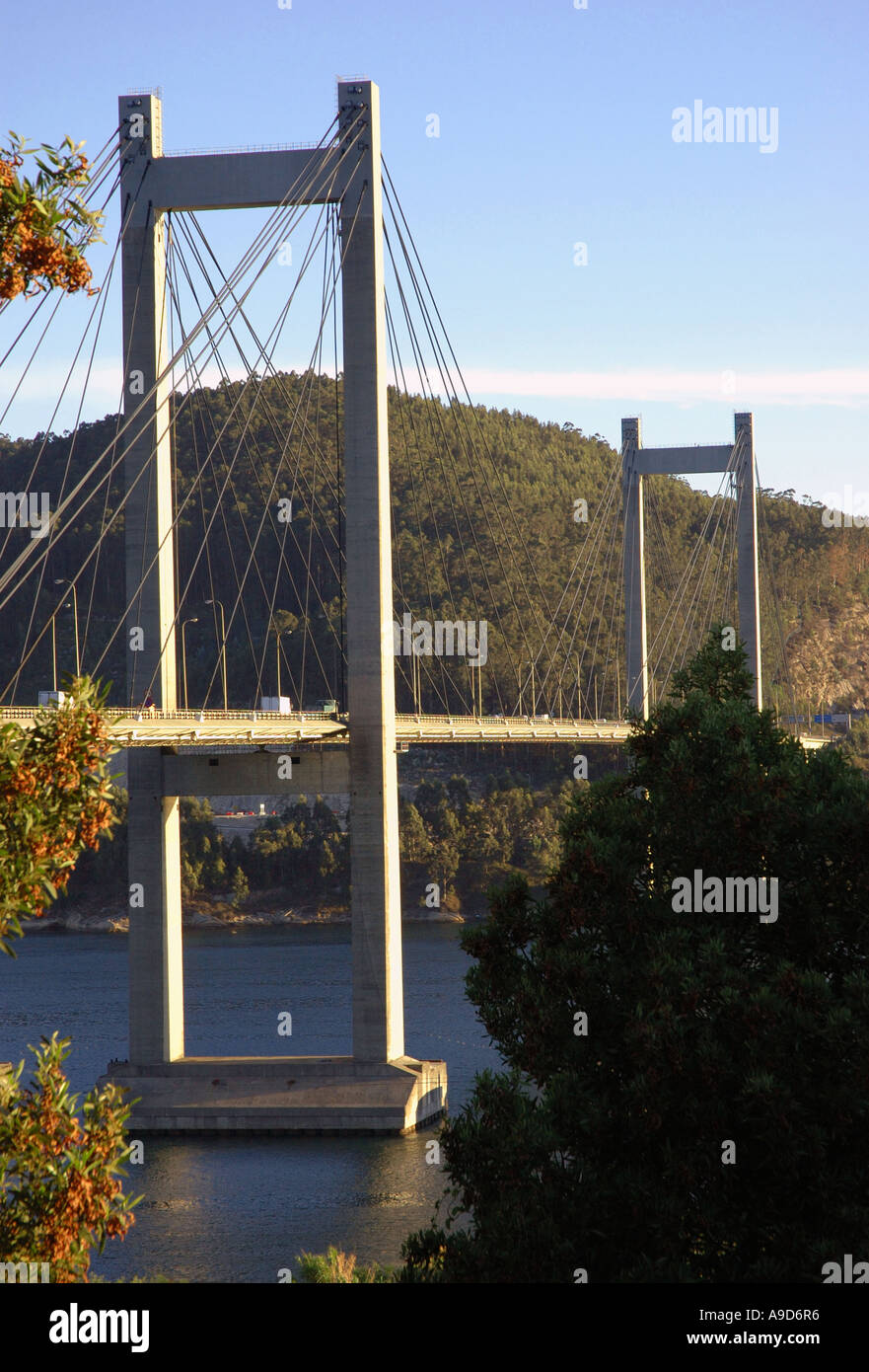 View of the modern suspended bridge in the Ria de Vigo Chapela Galicia ...