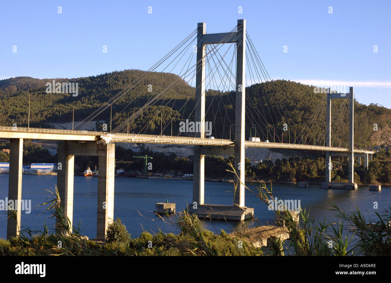 View of the modern suspended bridge in the Ria de Vigo Chapela Galicia ...