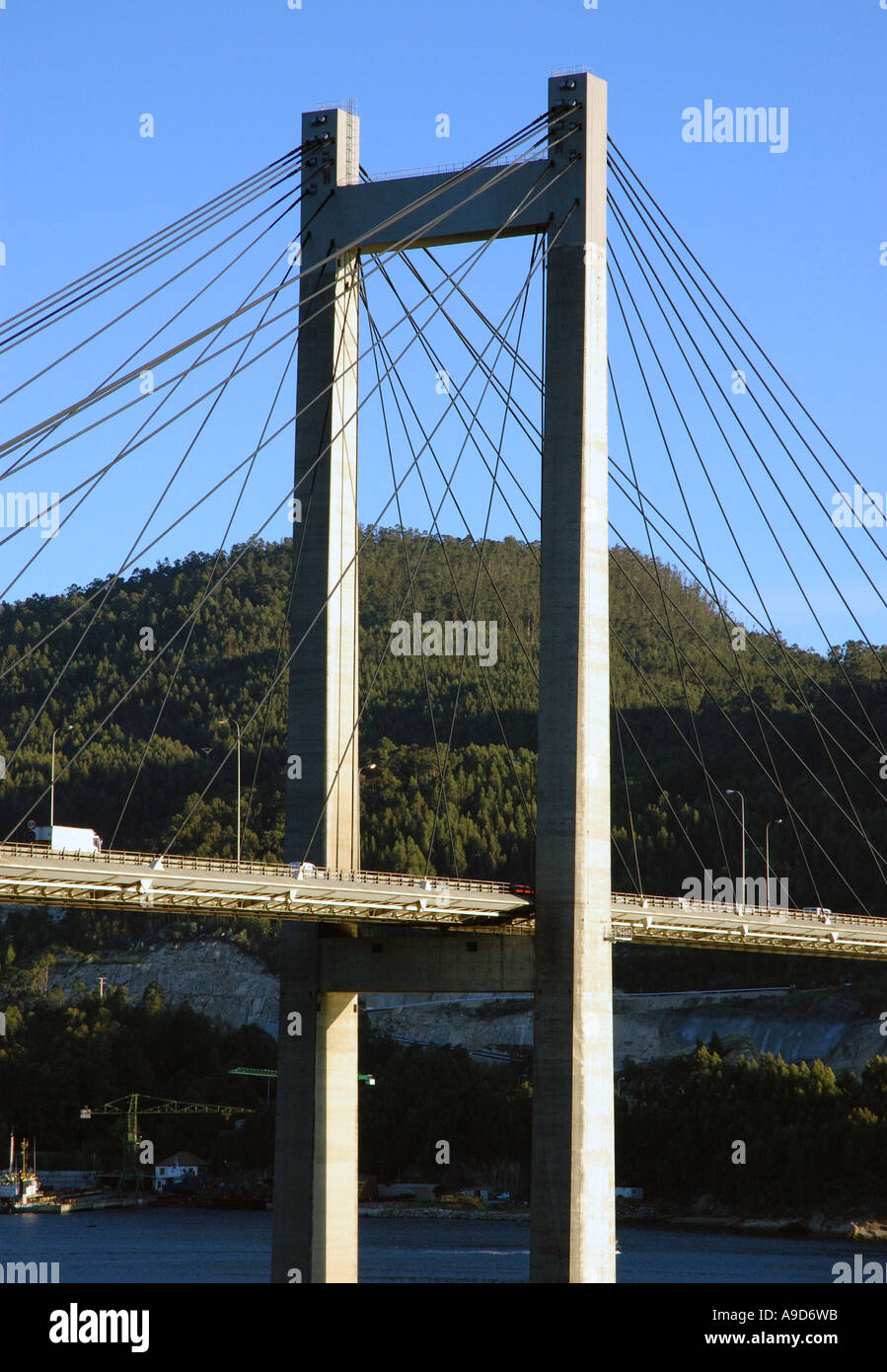 View of the modern suspended bridge in the Ria de Vigo Chapela Galicia ...