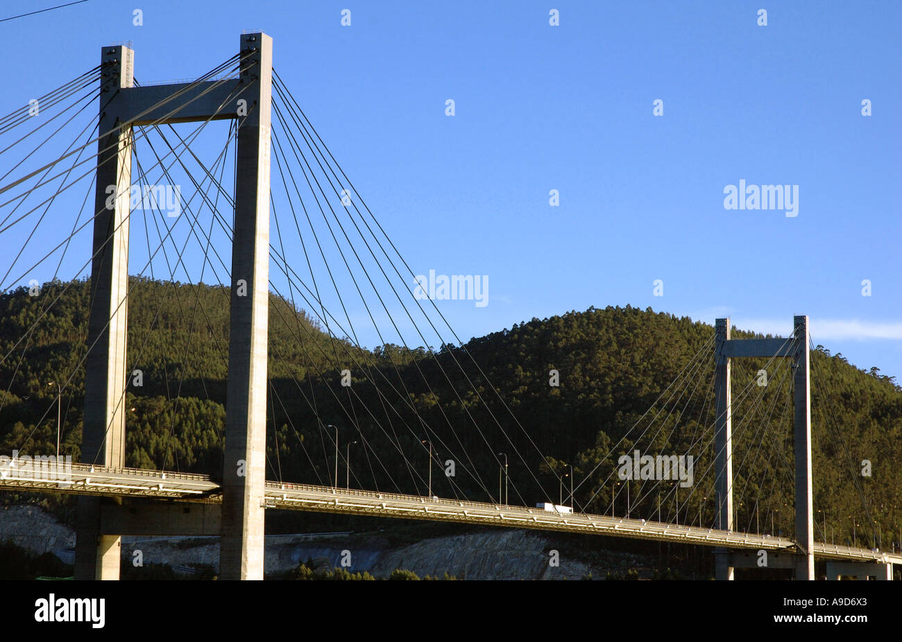View of the modern suspended bridge in the Ria de Vigo Chapela Galicia ...