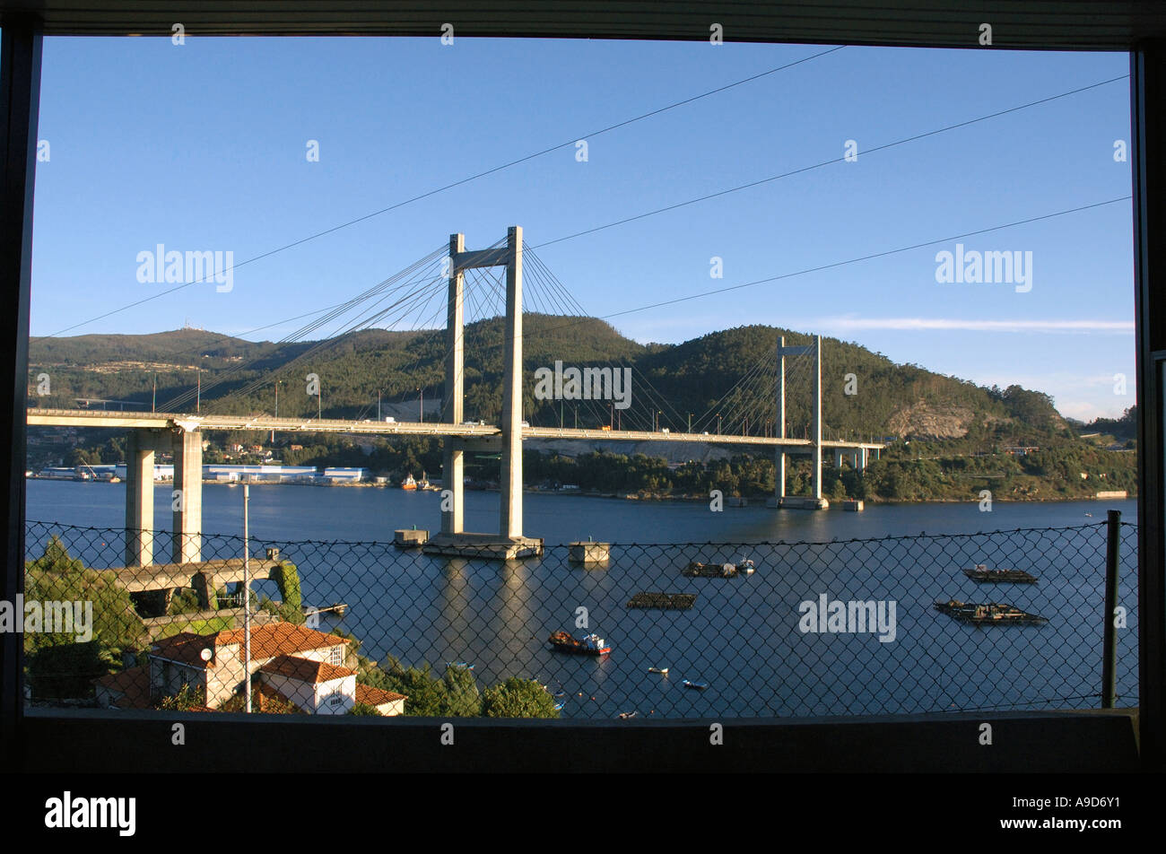View of the modern suspended bridge in the Ria de Vigo Chapela Galicia ...